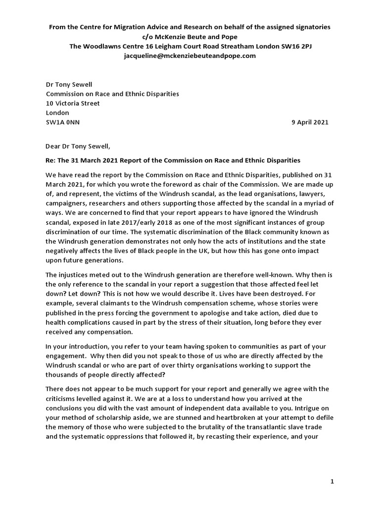 9 April 2021 - Letter To Tony Sewell, Chair of The Commission On Race ...