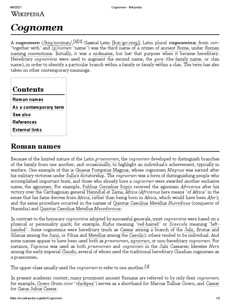 Cognomen: Roman Names As A Contemporary Term See Also References ...