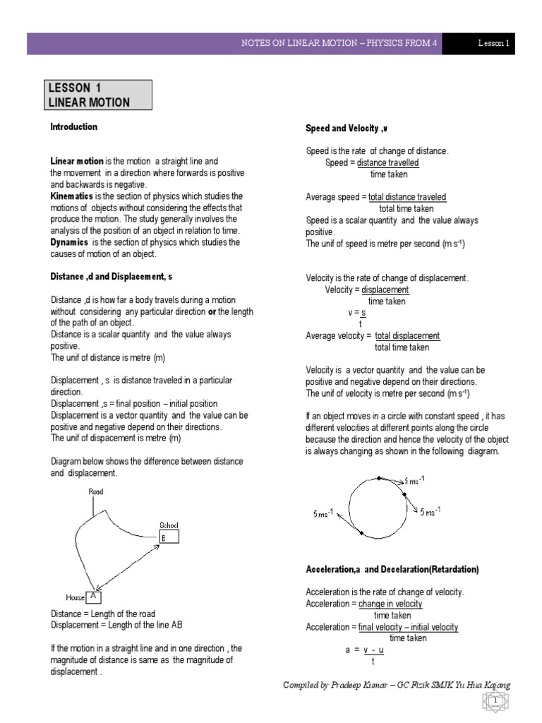 Notes On Linear Motion - Physics From 4 Lesson 1 | PDF | Velocity | Speed