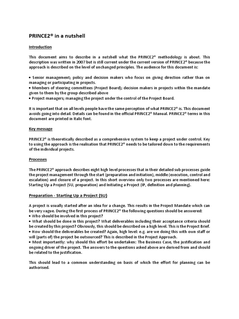 Prince2 in A Nutshell - Pre Reading Material | PDF | Risk | Project ...