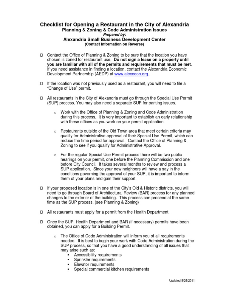 Restaurant Checklist Document | PDF | Zoning | Industries