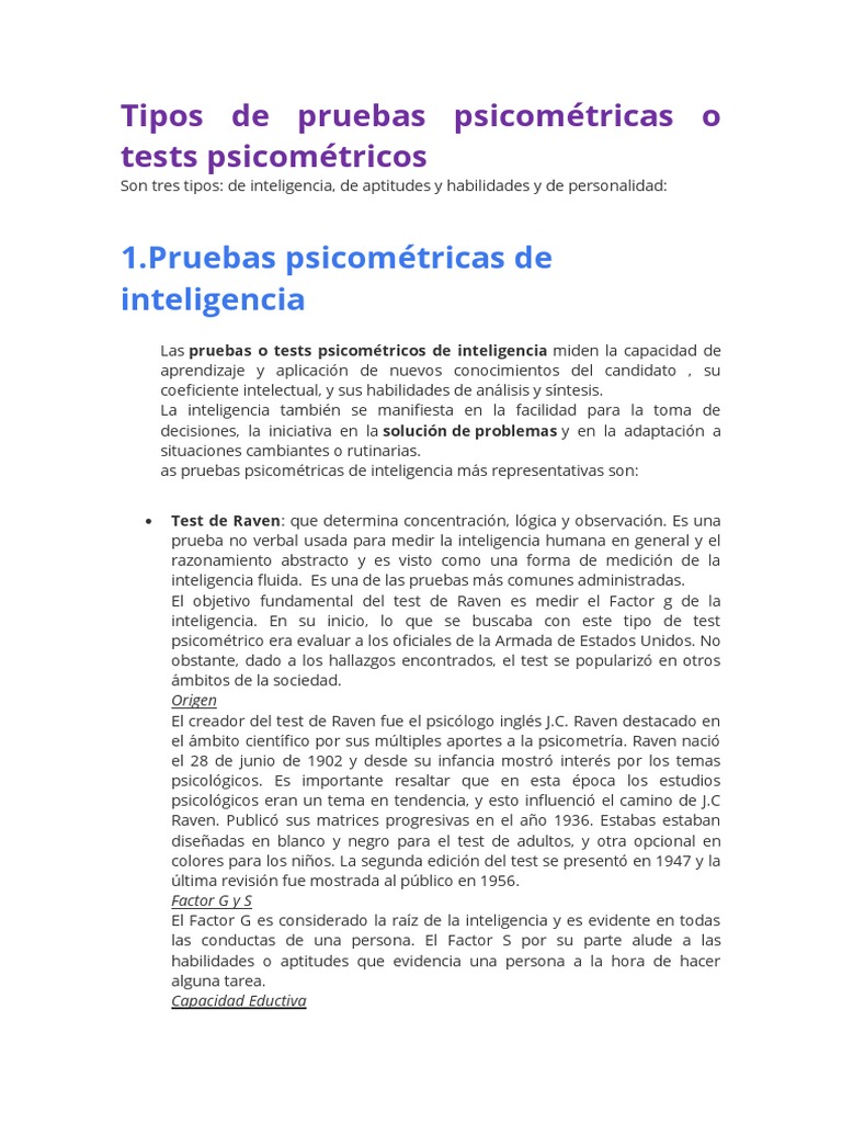 Tipos de Pruebas Psicométricas o Tests Psicométricos | PDF ...
