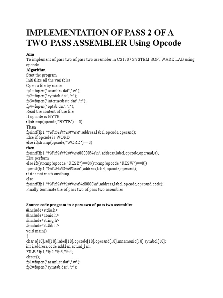 Implementation of Pass 2 of A Two-Pass Assembler Using Opcode | PDF | Assembly Language ...