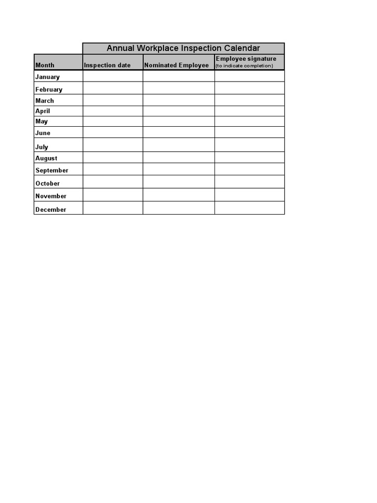 Annual Workplace Inspection Calendar | PDF