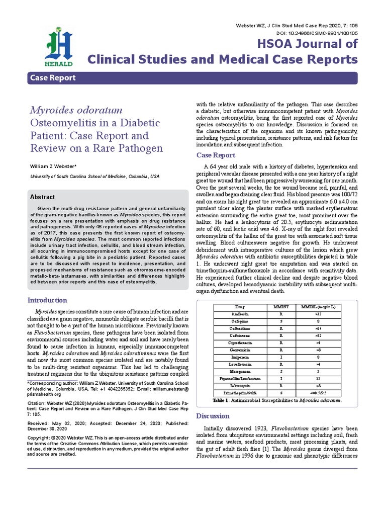 Myroides Odoratum Osteomyelitis in A Diabetic Patient Case Report and ...