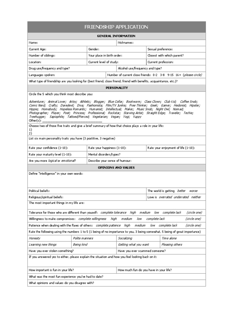 Friendship Application Form | PDF | Friendship | Human Nature