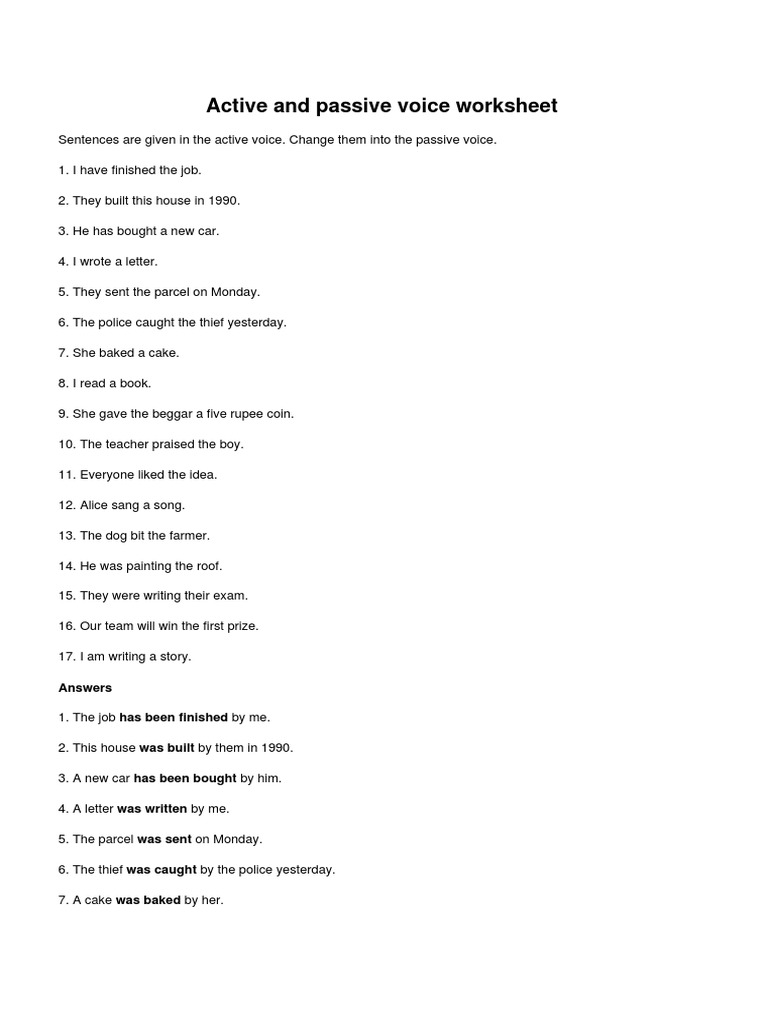 Active and Passive Voice Worksheet: Answers | PDF