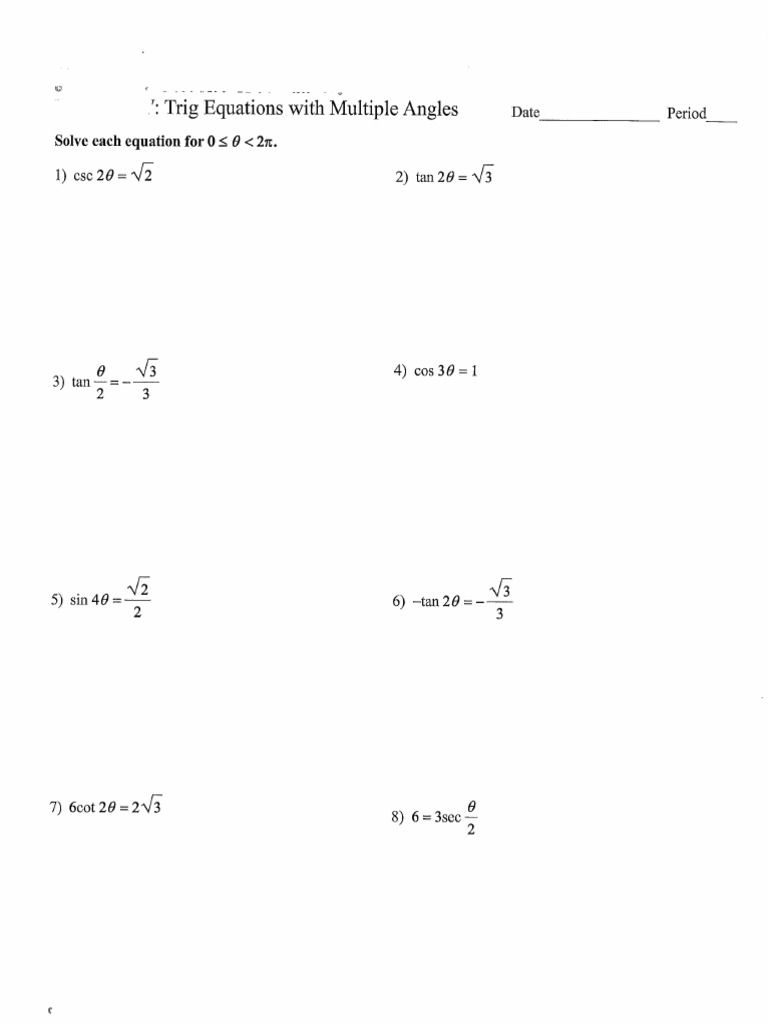 Solving Trig Equations With Multiple Angles WKST #2 | PDF