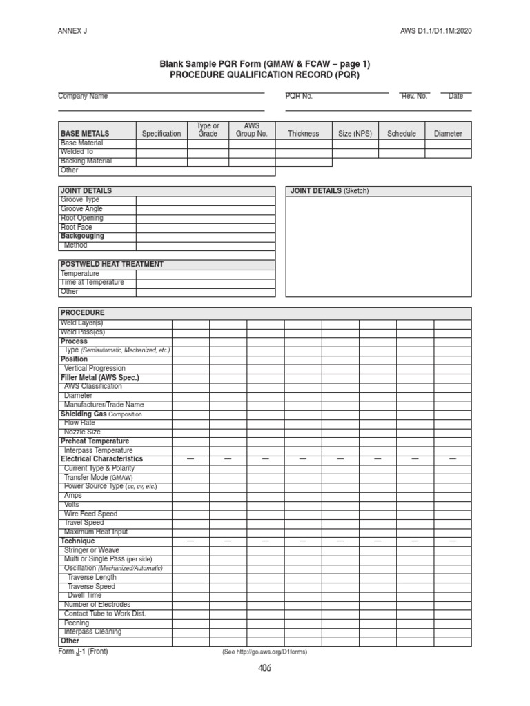 Blank Sample PQR Form (GMAW & FCAW - Page 1) Procedure Qualification ...