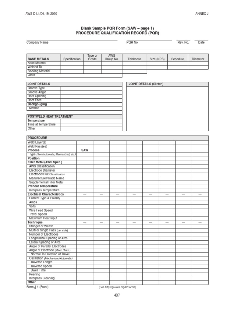 Blank Sample PQR Form (SAW - Page 1) Procedure Qualification Record ...