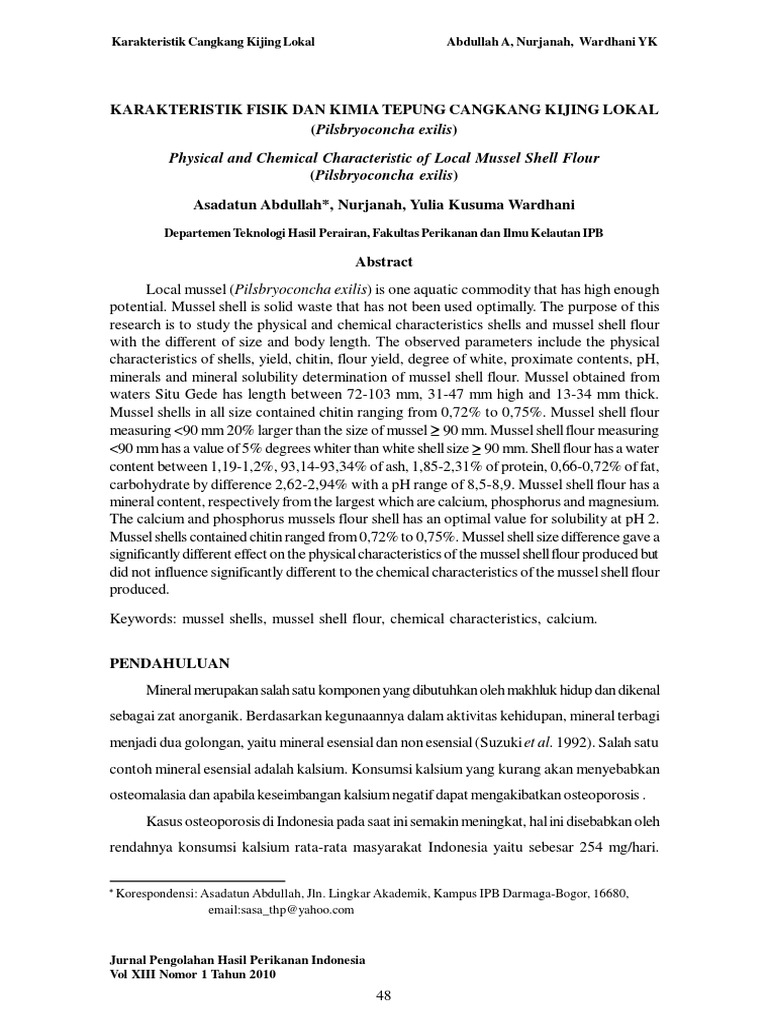 Physical and Chemical Characteristic of Local Mussel Shell Flour | PDF ...