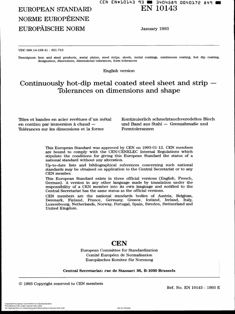 En 10143-1993 | Download Free PDF | Sheet Metal | Engineering Tolerance