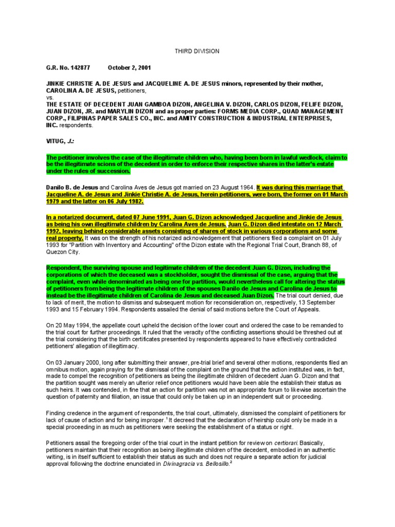de Jesus Vs Estate of Dizon | PDF | Legitimacy (Family Law) | Marriage
