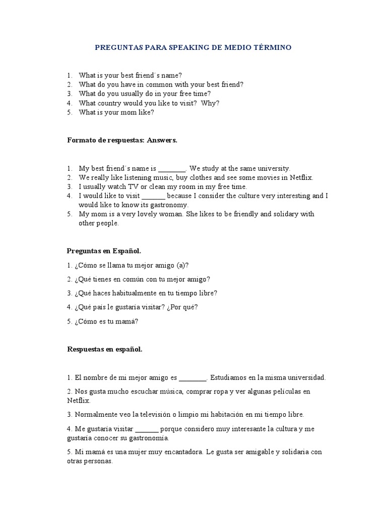 Preguntas para Speaking de Medio Término | PDF | Bienestar