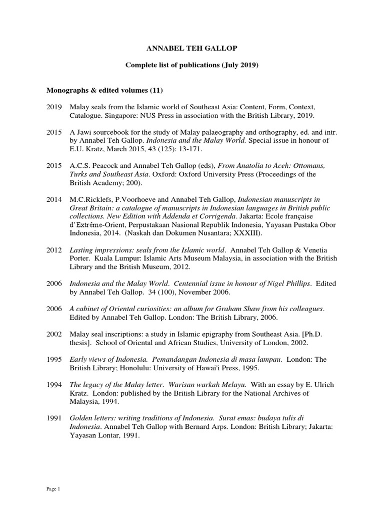 Annabel Teh Gallop Complete List of Publications (July 2019) | PDF ...