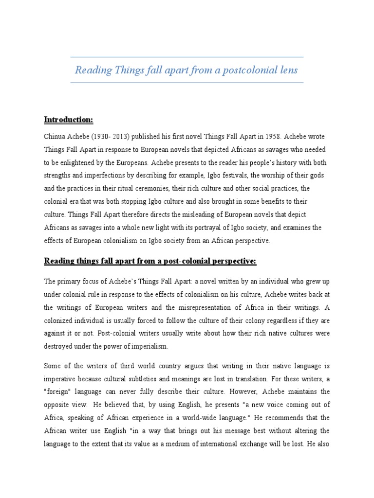 Achebe's Things Fall Apart: Reestablishing Igbo Culture Through a Post ...