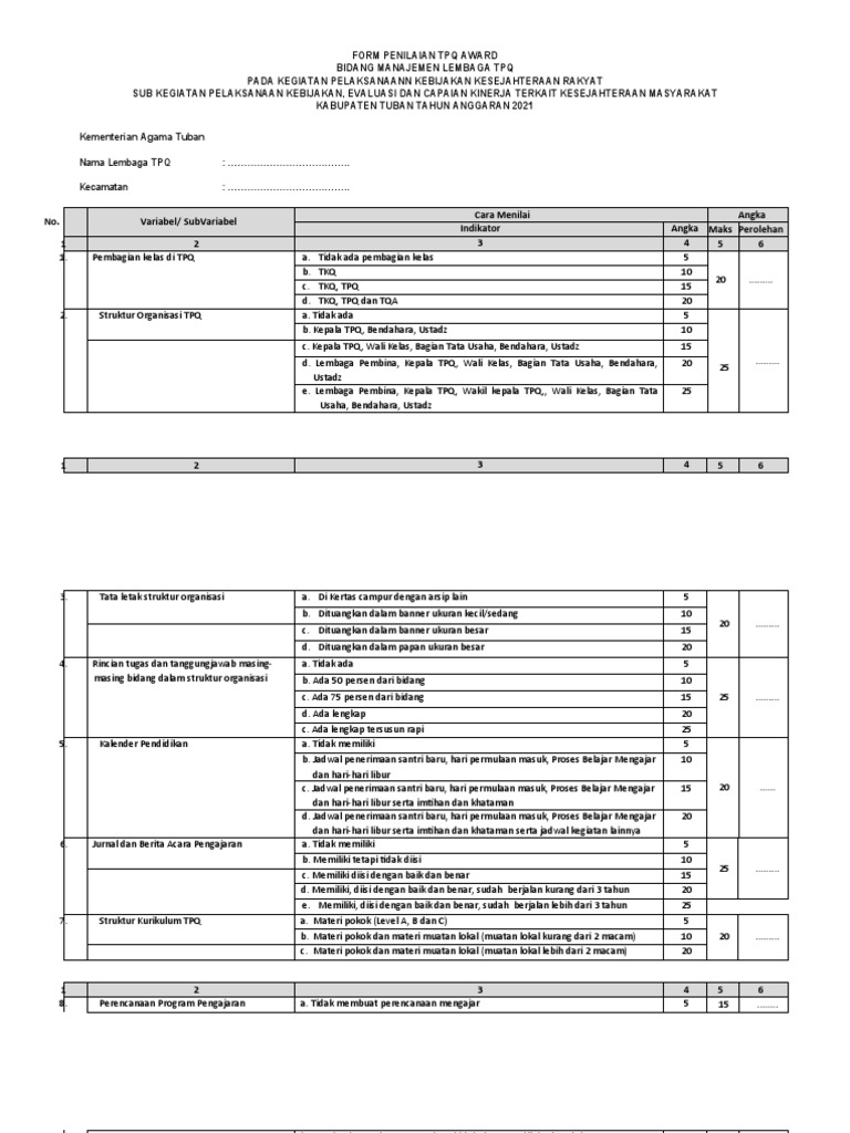 Form Penilaian TPQ Award | PDF