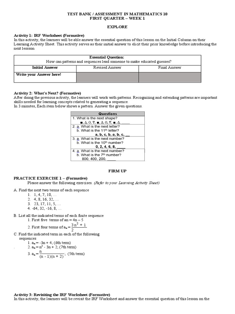 Assessment in Mathematics 10 - q1 - Week 1 | PDF | Worksheet | Question