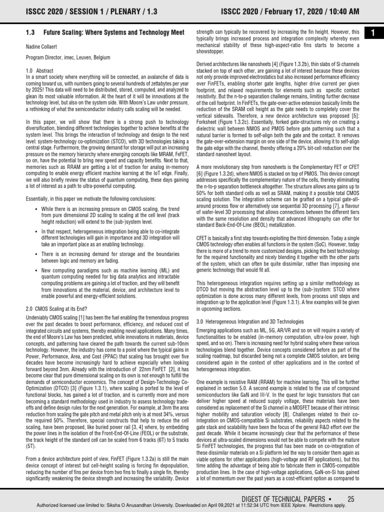1.3 Future Scaling: Where Systems and Technology Meet: 25 Digest of ...