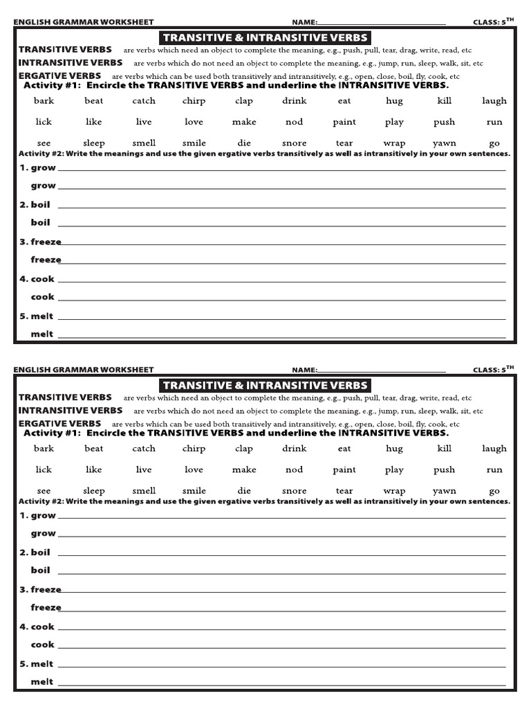 Transitive Intransitive and Ergative Verbs Worksheet Class 5 | PDF