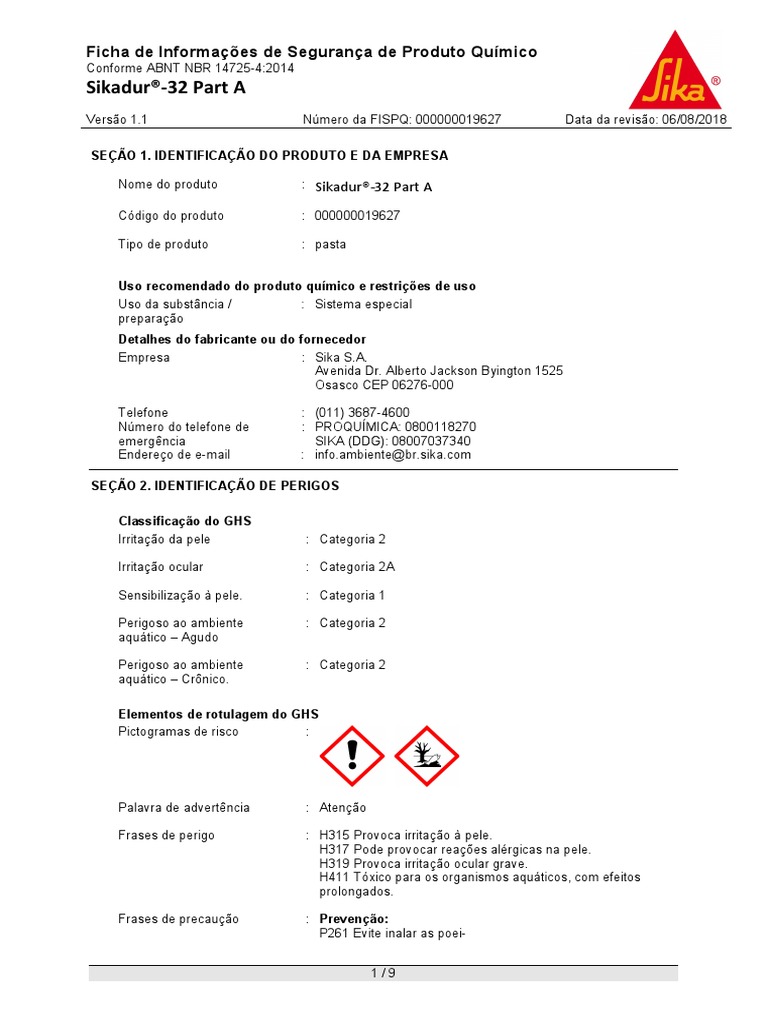 FISPQ Sikadur 32 Comp.A | PDF | Águas residuais | Embalagem e rotulagem