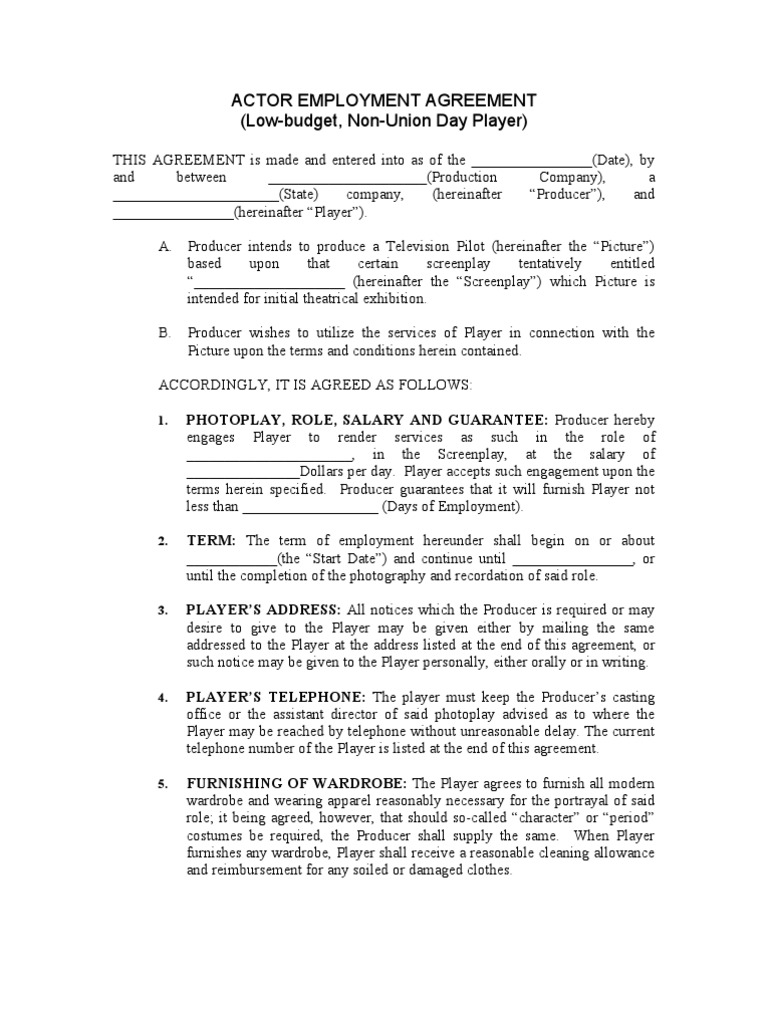 Actor Employment Agreement (Low-Budget, Non-Union Day Player) | PDF ...