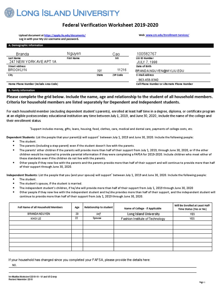 Federal Verification Worksheet 2019-2020: Branda Nguyen Cao 100582767 ...