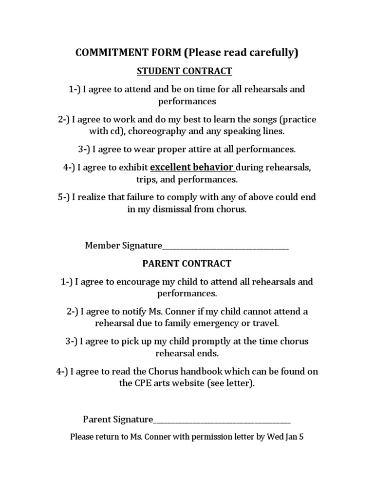 COMMITMENT FORM (Please Read Carefully) : Student Contract | PDF