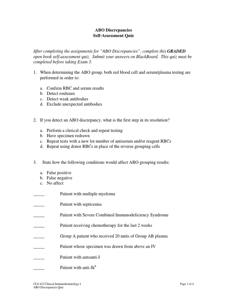 ABO Discrepancies Self-Assessment Quiz | PDF | Body Fluids | Animal ...