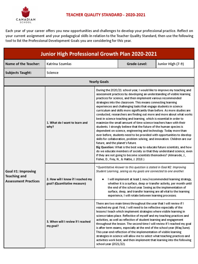 Teacher Professional Growth Plan 2020-2021 | PDF | Educational ...