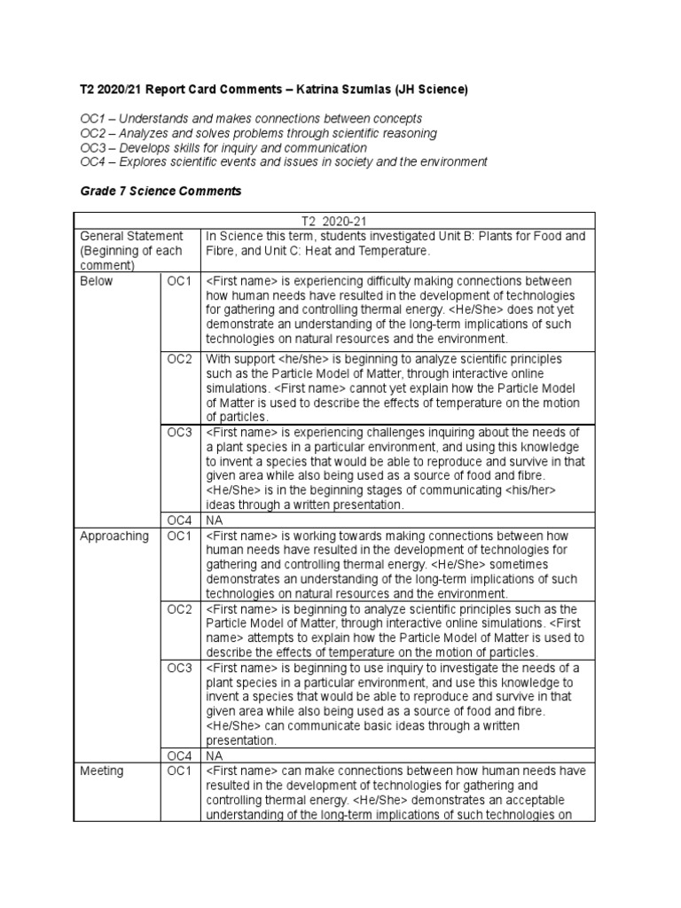 Grade 7-9 Science Report Comments | PDF | Simulation | Science
