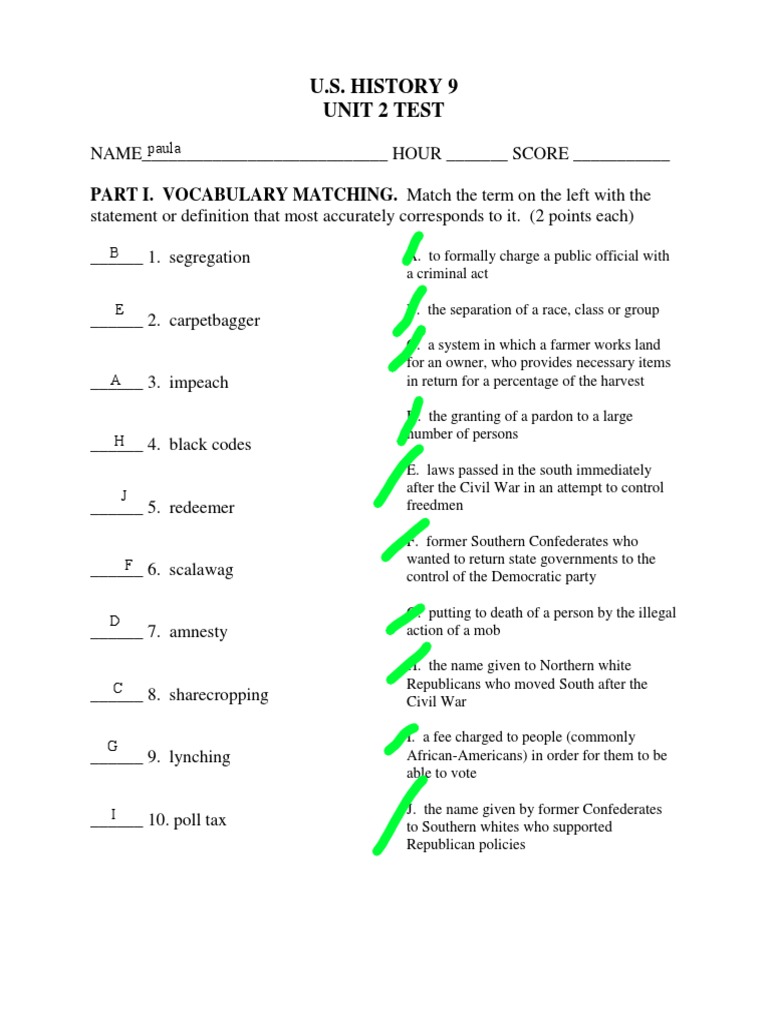 U.S. History: Reconstruction Test | PDF | Reconstruction Era | Freedman