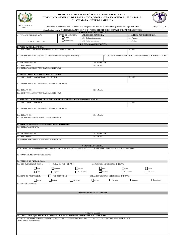 Formulario de Solicitud de Licencia Sanitaria Nueva o Renovacion DRCA-004 | PDF | Guatemala ...