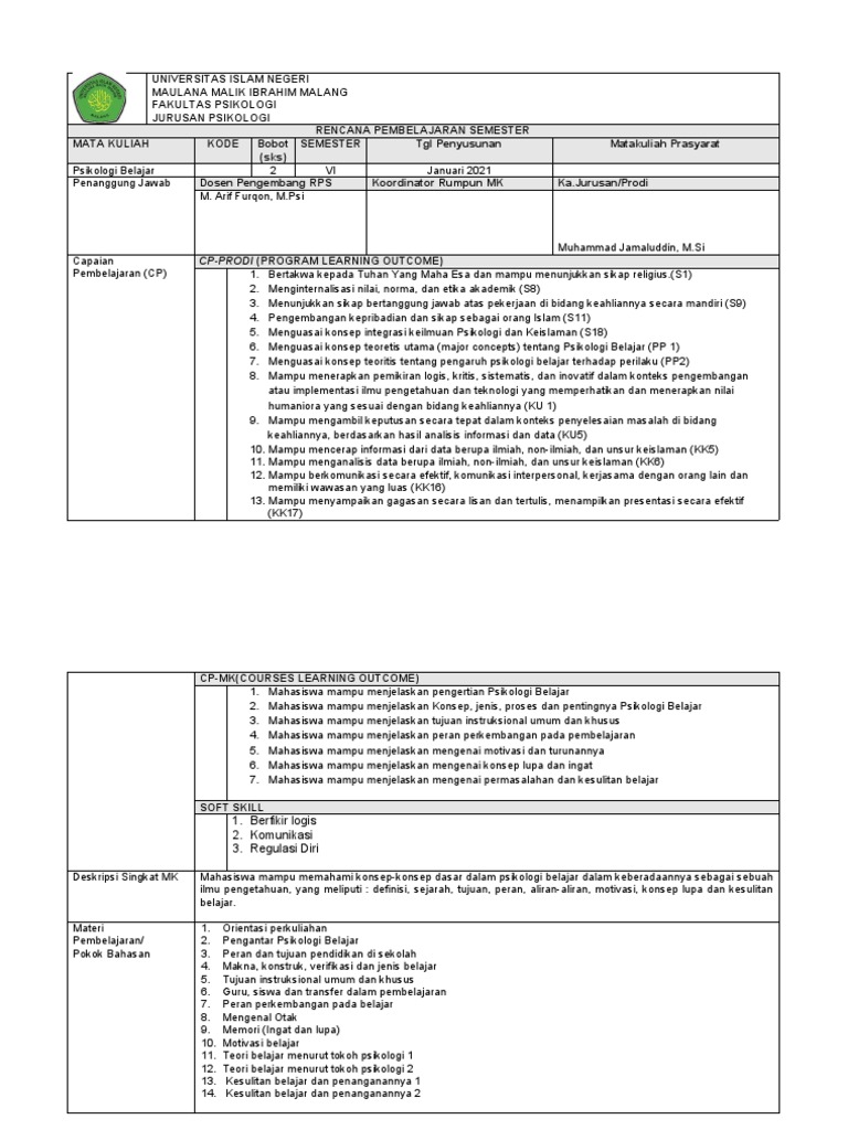 RPS Psikologi Belajar UIN Malang | PDF | Karier & Perkembangan