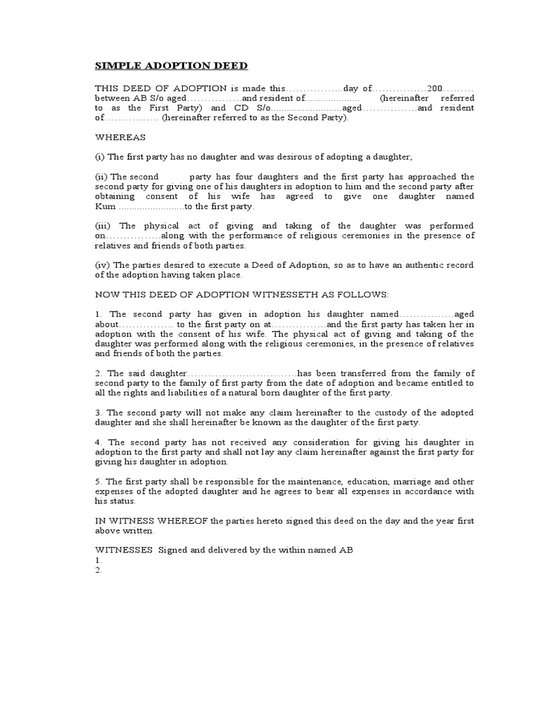Simple Adoption Deed | Download Free PDF | Trust Law | Adoption