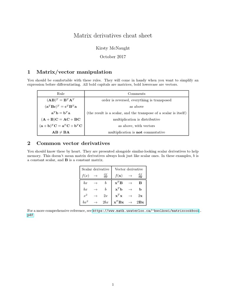 Matrix Derivatives Cheat Sheet | PDF