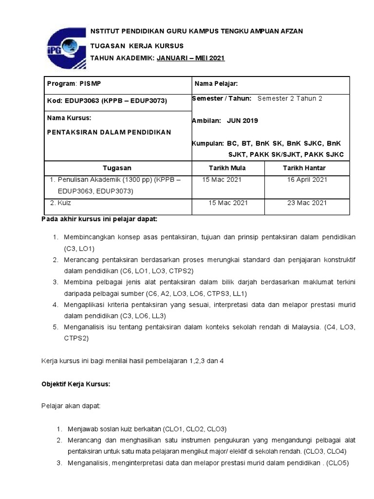 Soalan Tugasan EDUP3063 - KPPB - EDUP3073 - 10022021 - PD (Versi 3) | PDF