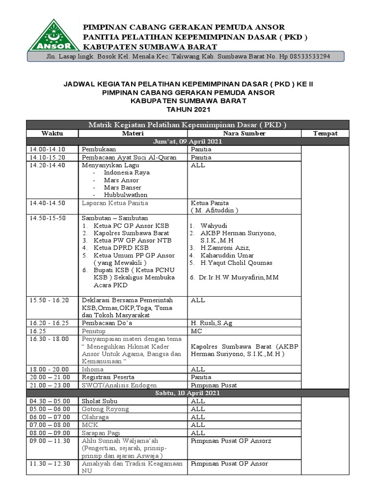 Jadwal Kegiatan PKD Ansor | PDF