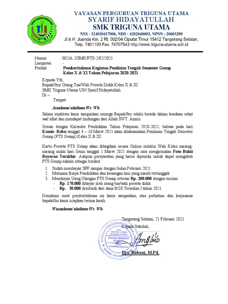 Biaya PTS Genap SMK Triguna Utama | PDF | Kesehatan Holistik