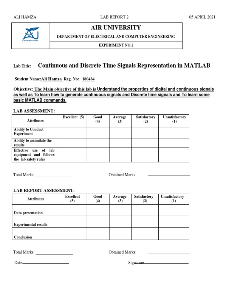 Air University Ali Hamza Objective The Main Objective Of This Lab Is Pdf Discrete Time And 