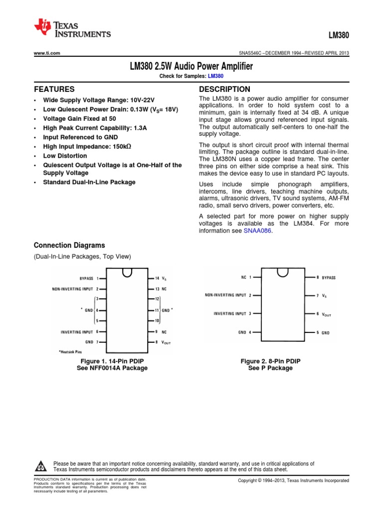 LM380 2.5W Audio Power Amplifier: Features Description | PDF ...