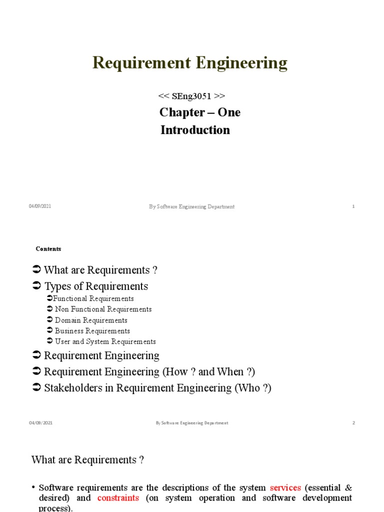 Requirement Engineering Lecture 1 and 2 - Chapter 1 - Introduction | PDF | System | Reliability ...