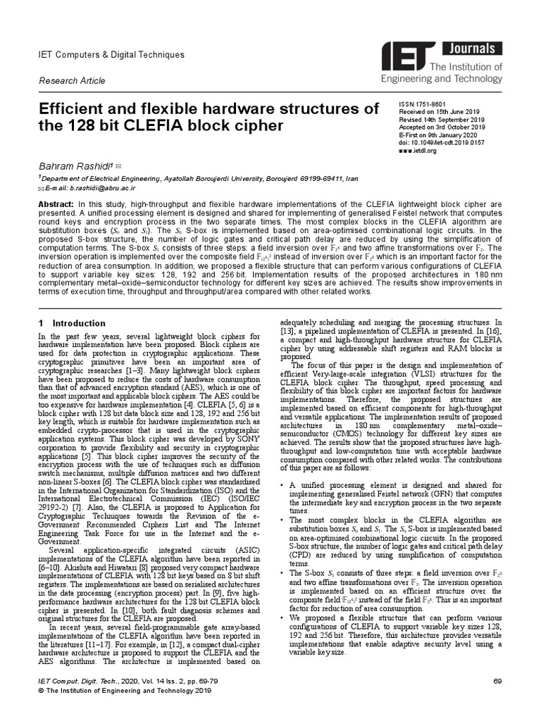 2019 Efficient And Flexible Hardware Structures Ofthe 128 Bit Clefia Block Cipher Pdf 