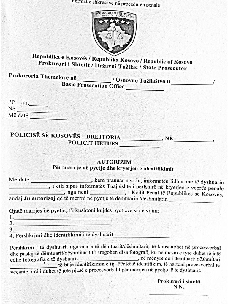 Autorizim Per Marrje Ne Pytje Dhe Identifikim | PDF