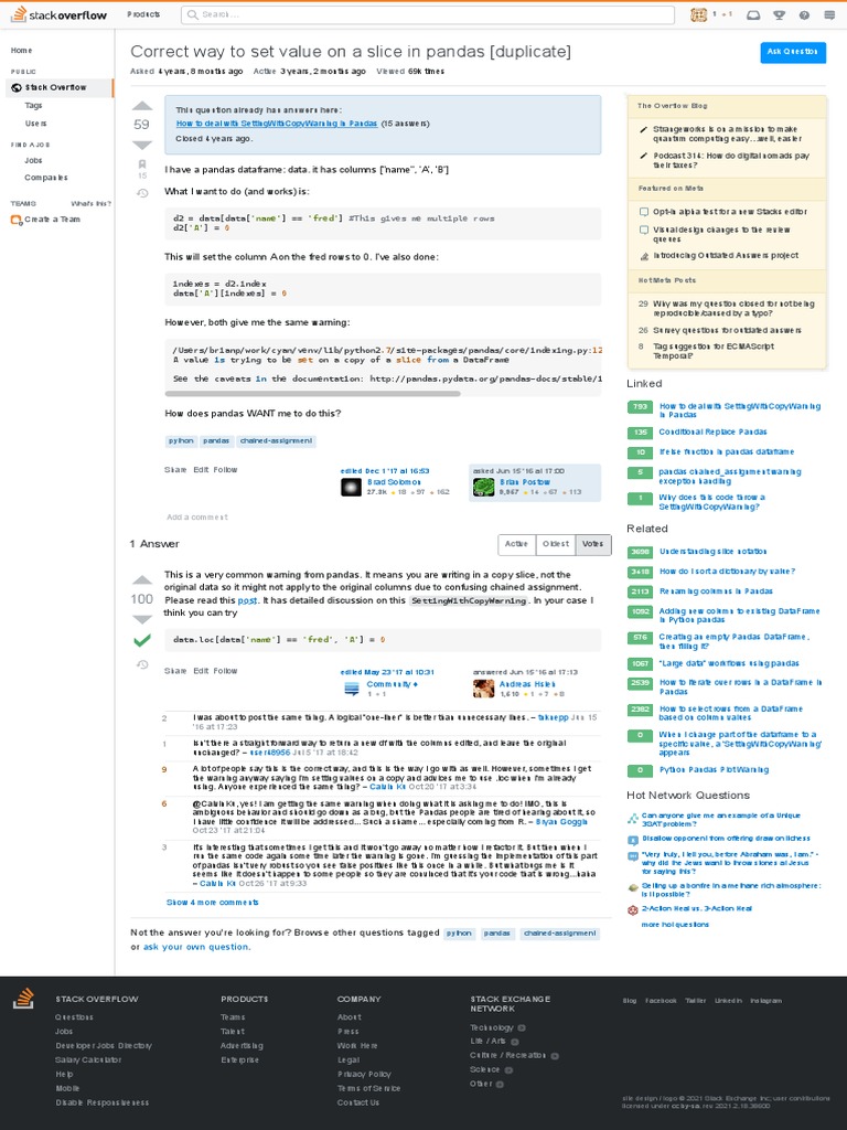 Python - Correct Way To Set Value On A Slice in Pandas - Stack Overflow | PDF | Computing ...