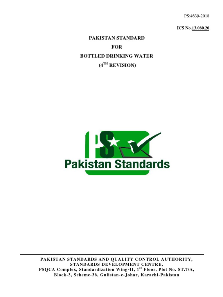 Pakistan Standard FOR Bottled Drinking Water (4 Revision) : ICS No.13. ...