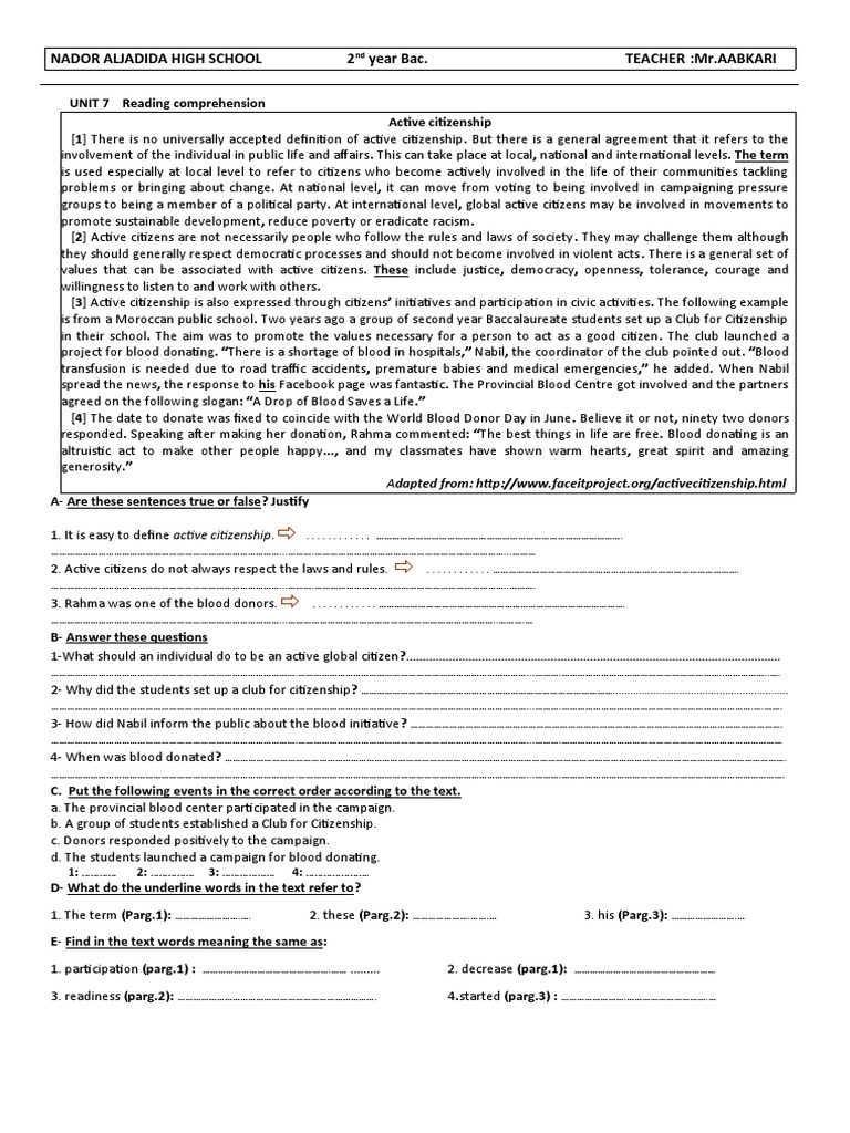 Unit 7: Active Citizenship Comprehension | PDF | Citizenship | Democracy