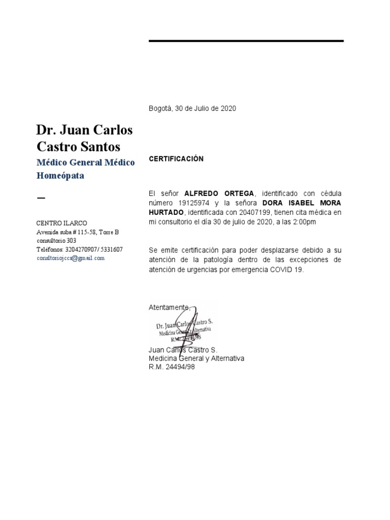 Certificación COVID 19 Asistencia A Cita | PDF | Relaciones personales ...