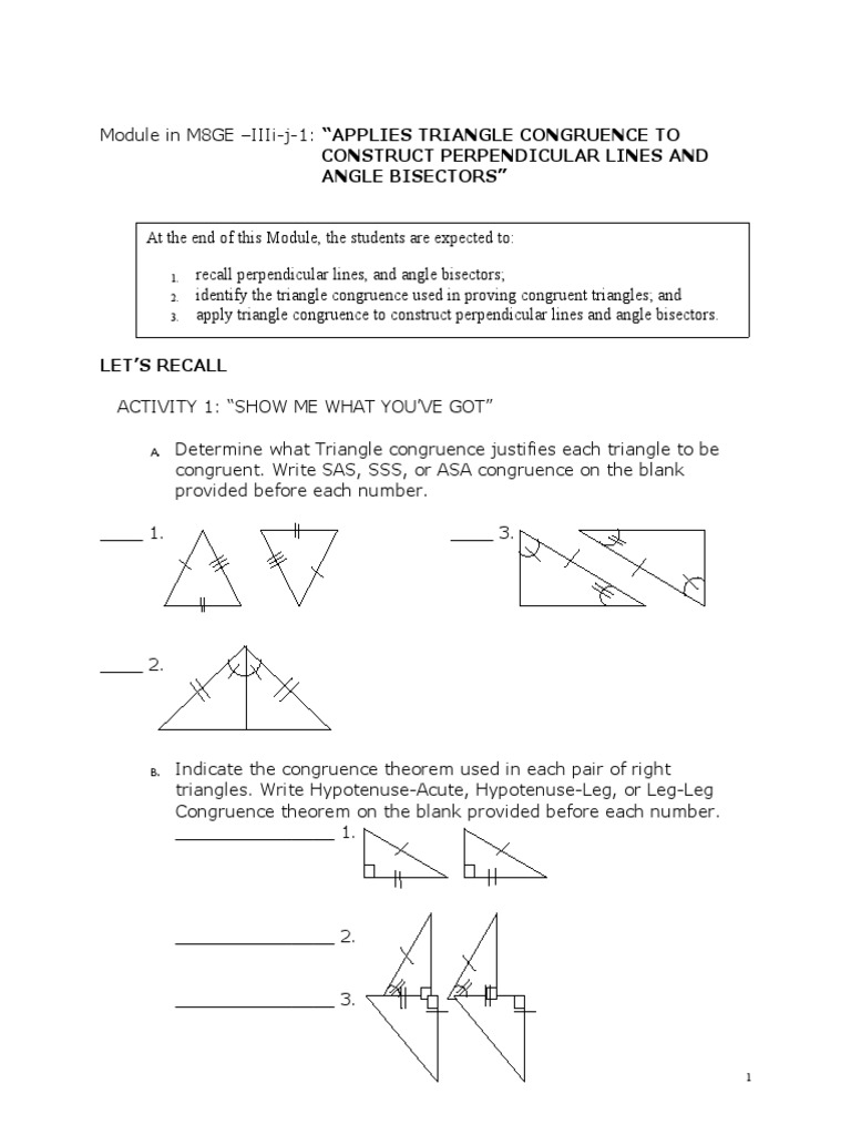 Application of Triangle Congruence | PDF | Perpendicular | Triangle