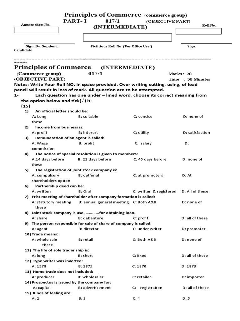 Principles of Commerce: Part-I 017/1 (Intermediate) | PDF ...